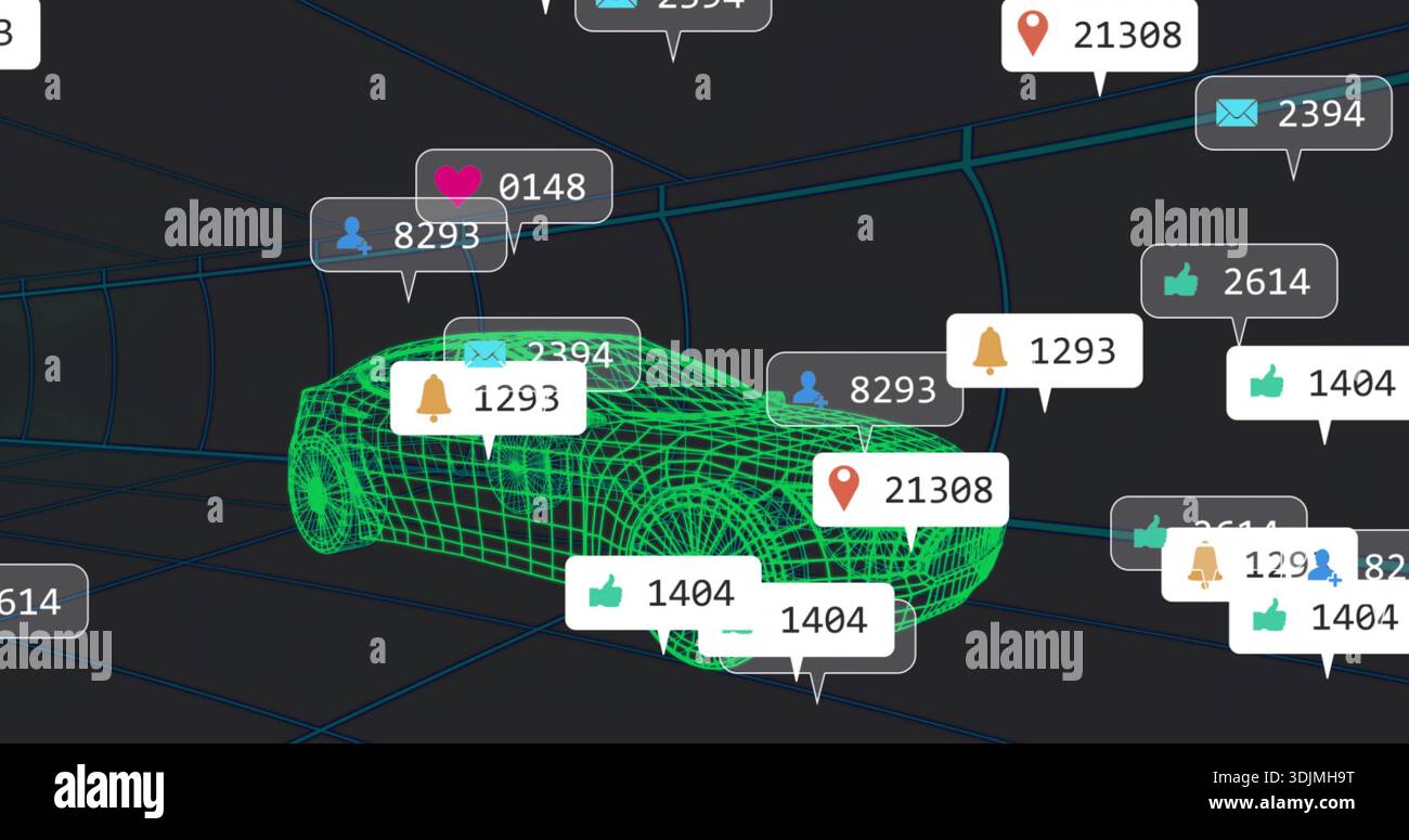 Displaying neon-green wireframe passenger car model rotating inside 3D ...