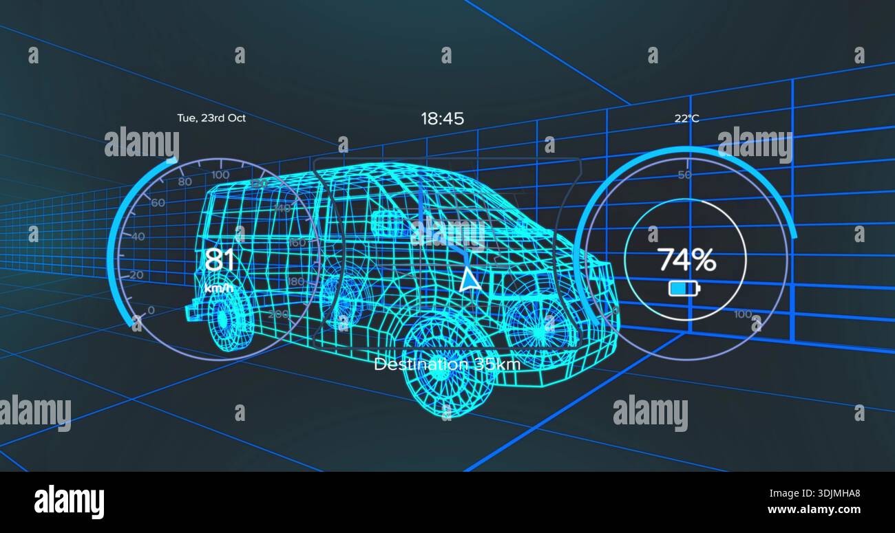 Rendering wireframe 3D van model moving in virtual tunnel, showing ...