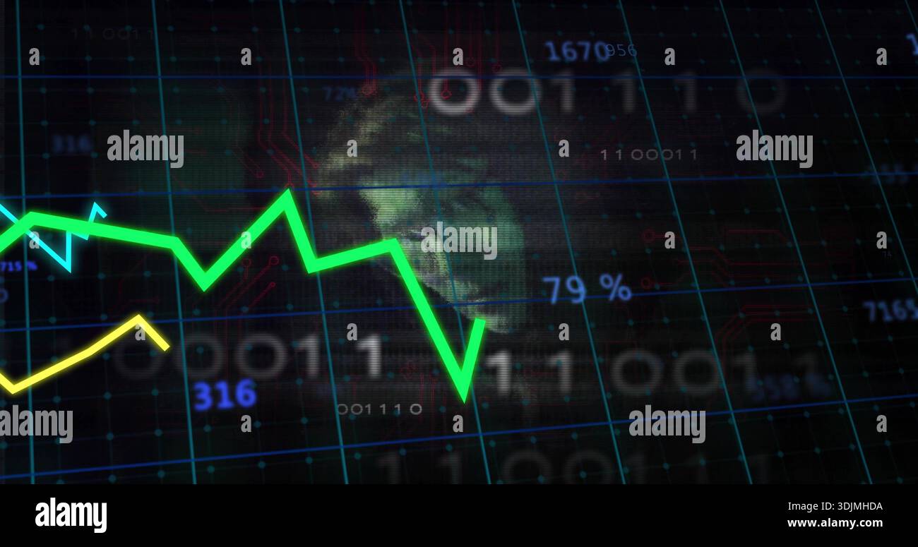 Pulsing neon green zigzag chart line moving on cyber dashboard with ...