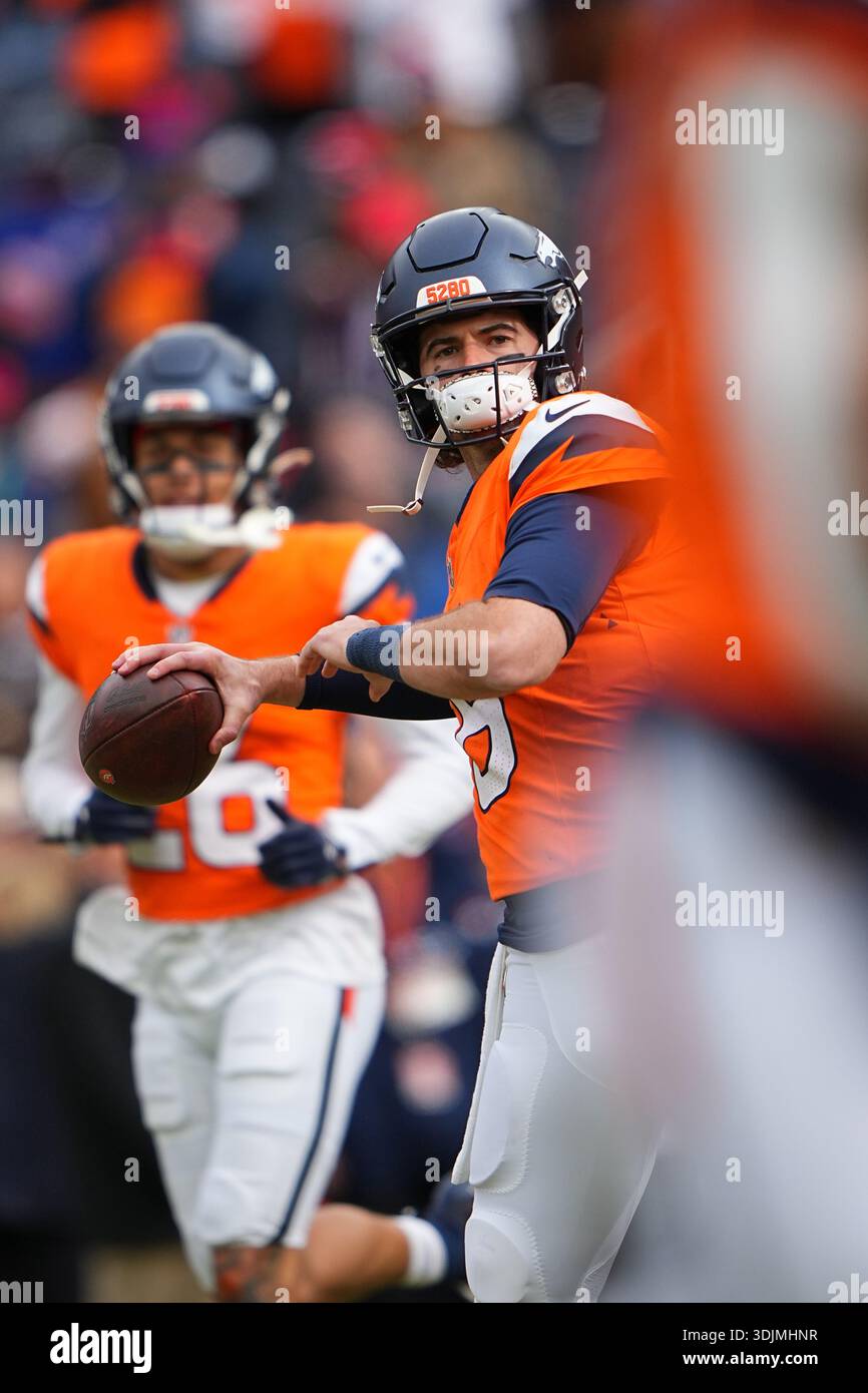 Denver Broncos quarterback Jarrett Stidham (8) warms up against the New ...