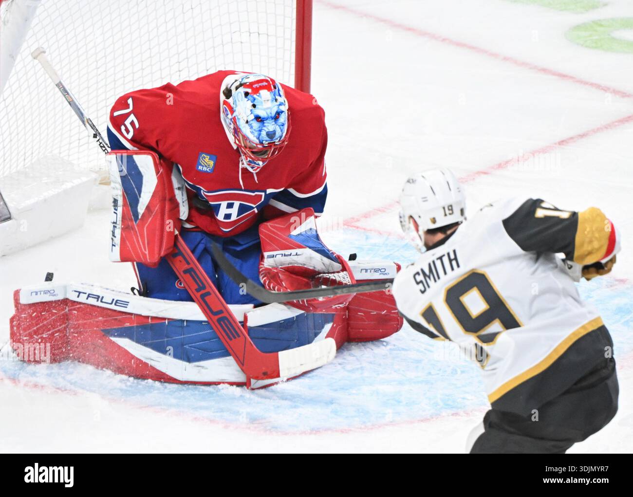 Montreal Canadiens goaltender Jakub Dobes (75) stops Vegas Golden ...