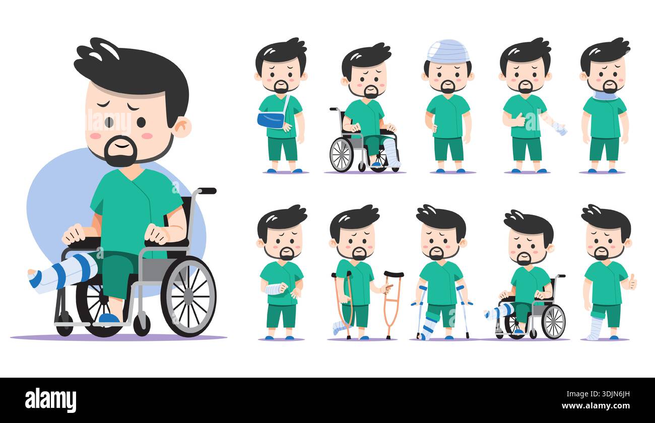 Cute chibi male patient character set with various bone fractures. Flat ...