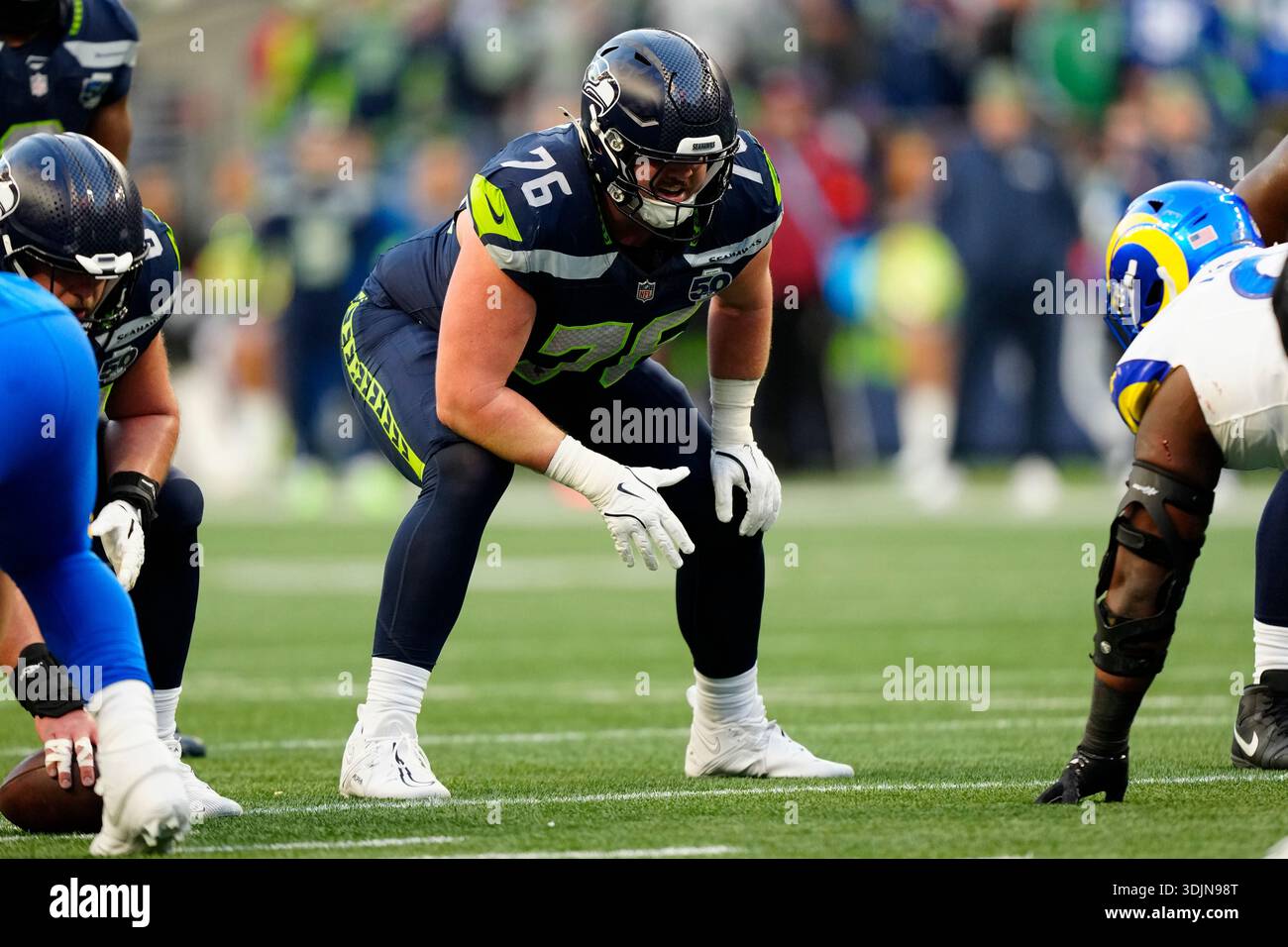 Seattle Seahawks guard Grey Zabel (76) gets set during the NFC ...