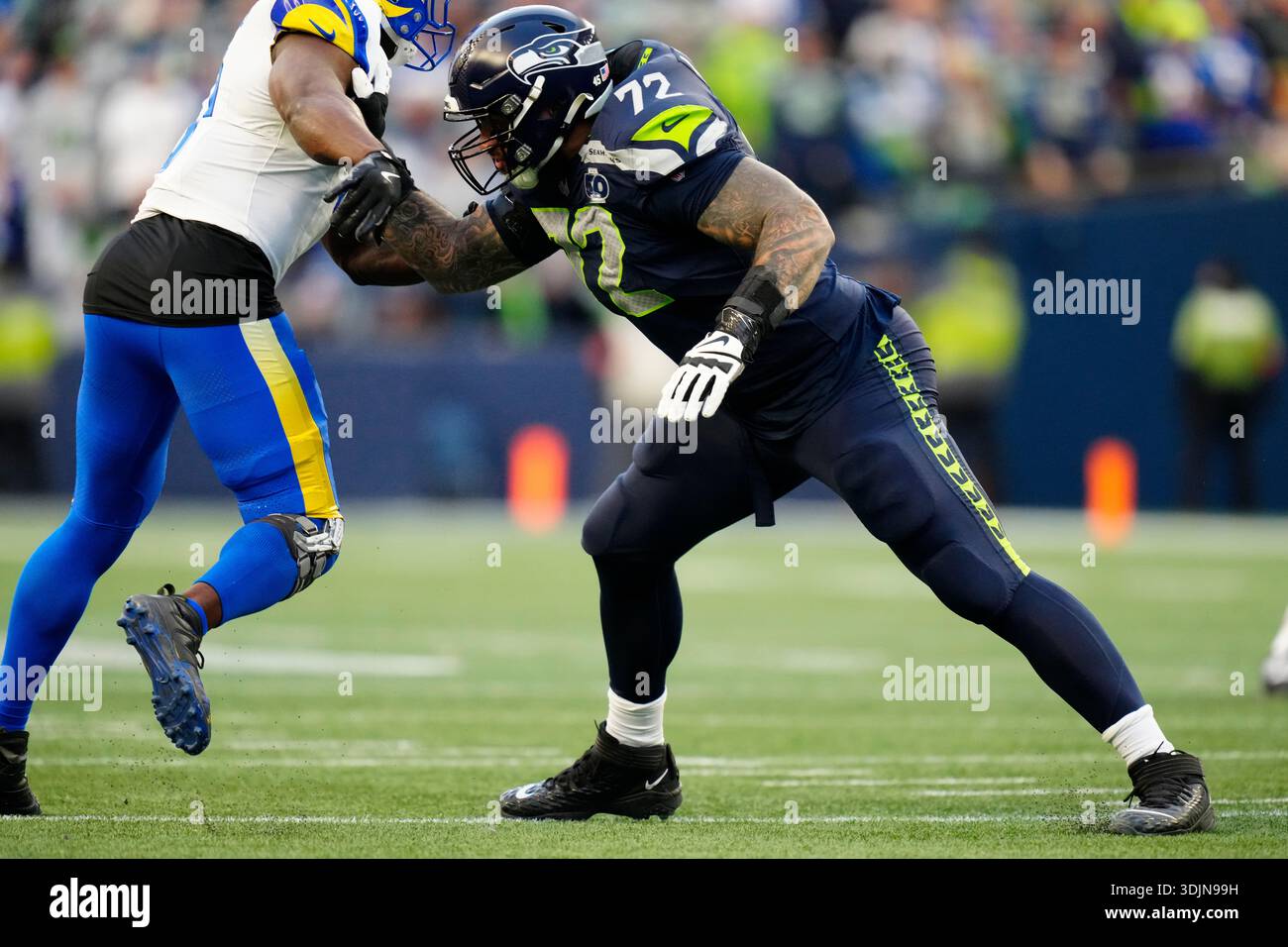 Seattle Seahawks offensive tackle Abraham Lucas (72) blocks during the ...