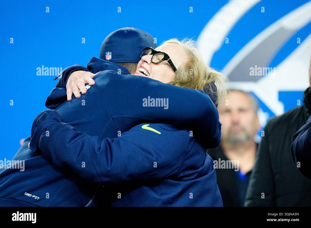 Seattle Seahawks head coach Mike Macdonald hugs owner Jody Allen after ...