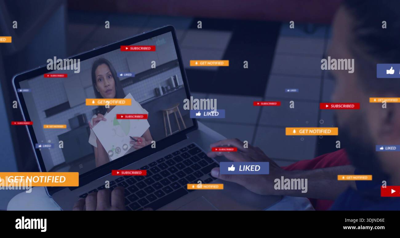 Watching viewer tapping laptop keyboard at home, host holding paper ...