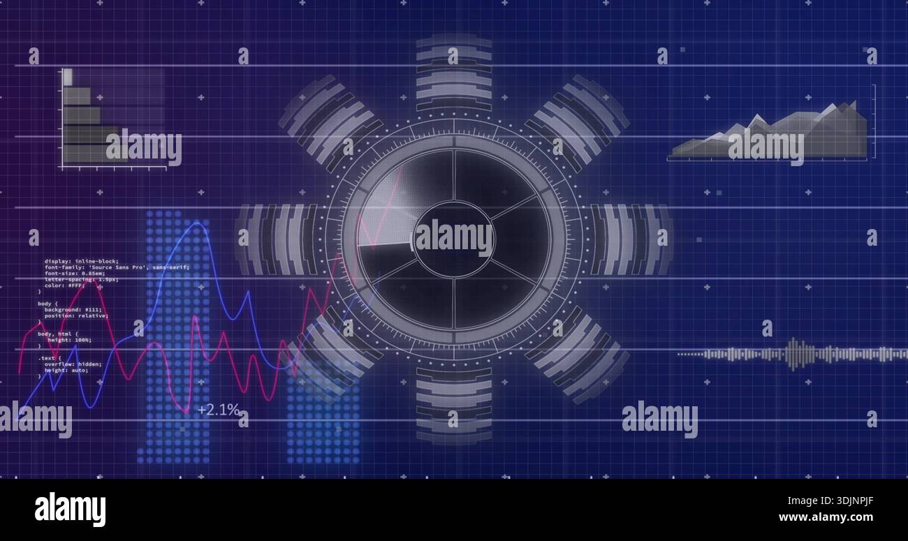 Spinning central HUD scanning on sci-fi dashboard, showing rings, line ...