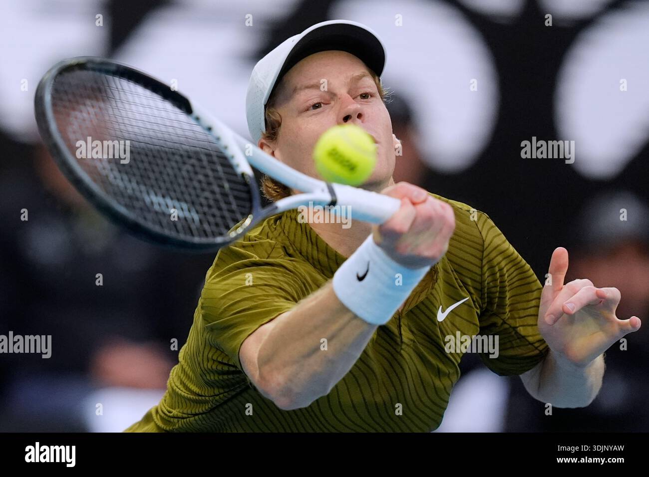 Jannik Sinner of Italy plays a forehand return to Ben Shelton of the U ...