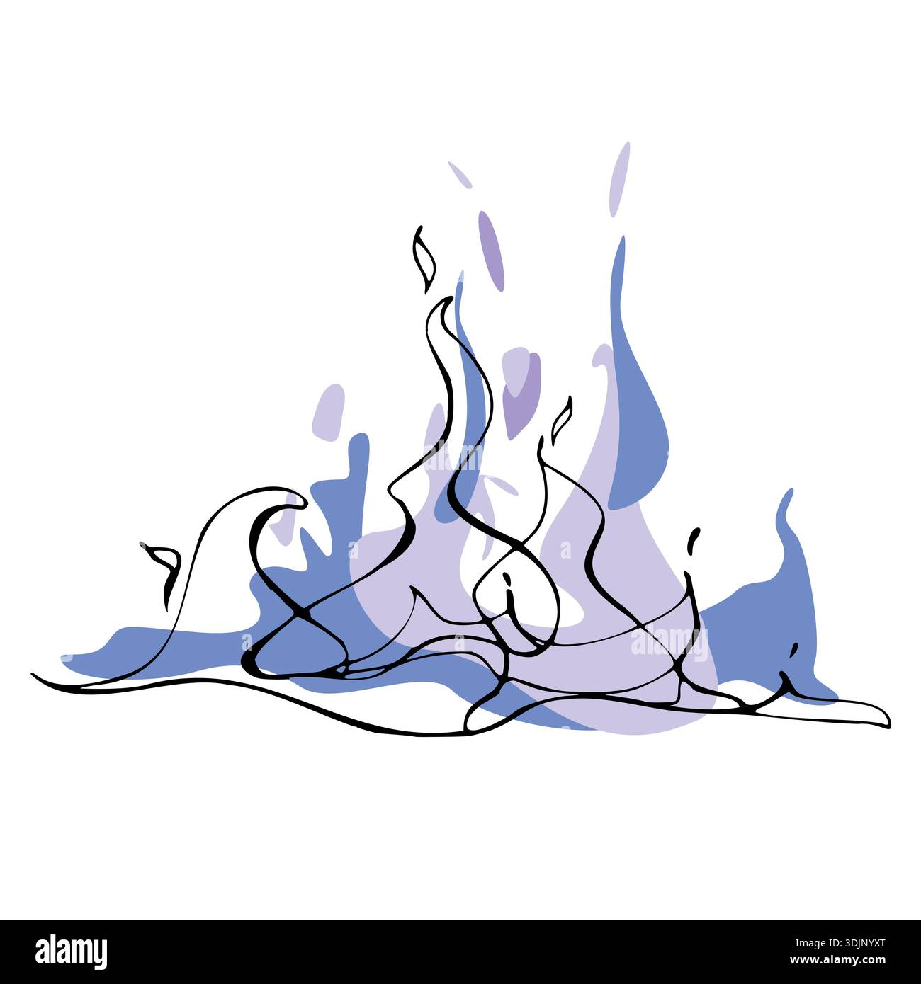 Dynamic blue and lavender flame with hand drawn ink contour, isolated ...