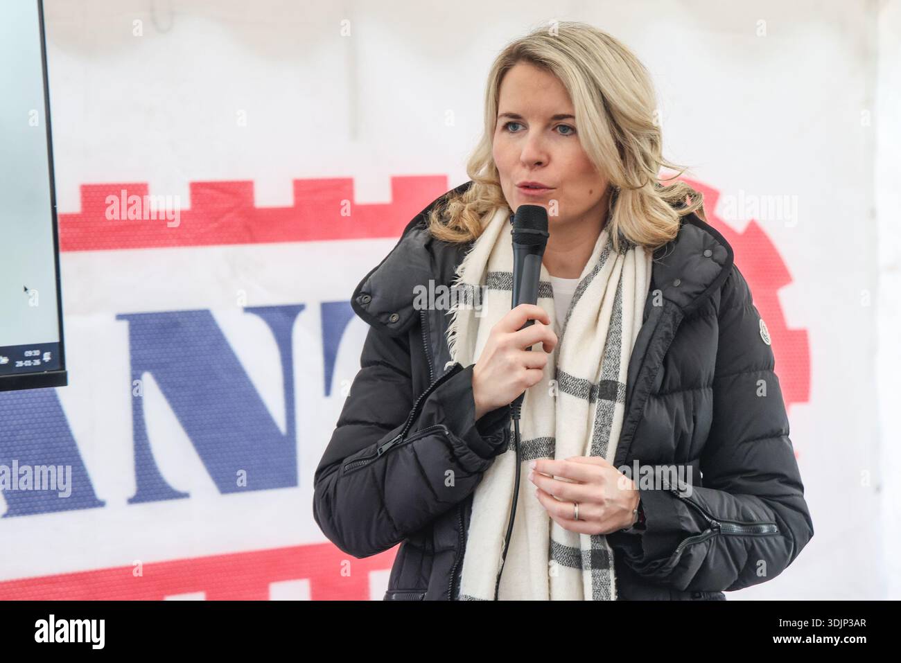 Ougree, Belgium. 28th Jan, 2026. Seraing mayor Deborah Geradon delivers ...