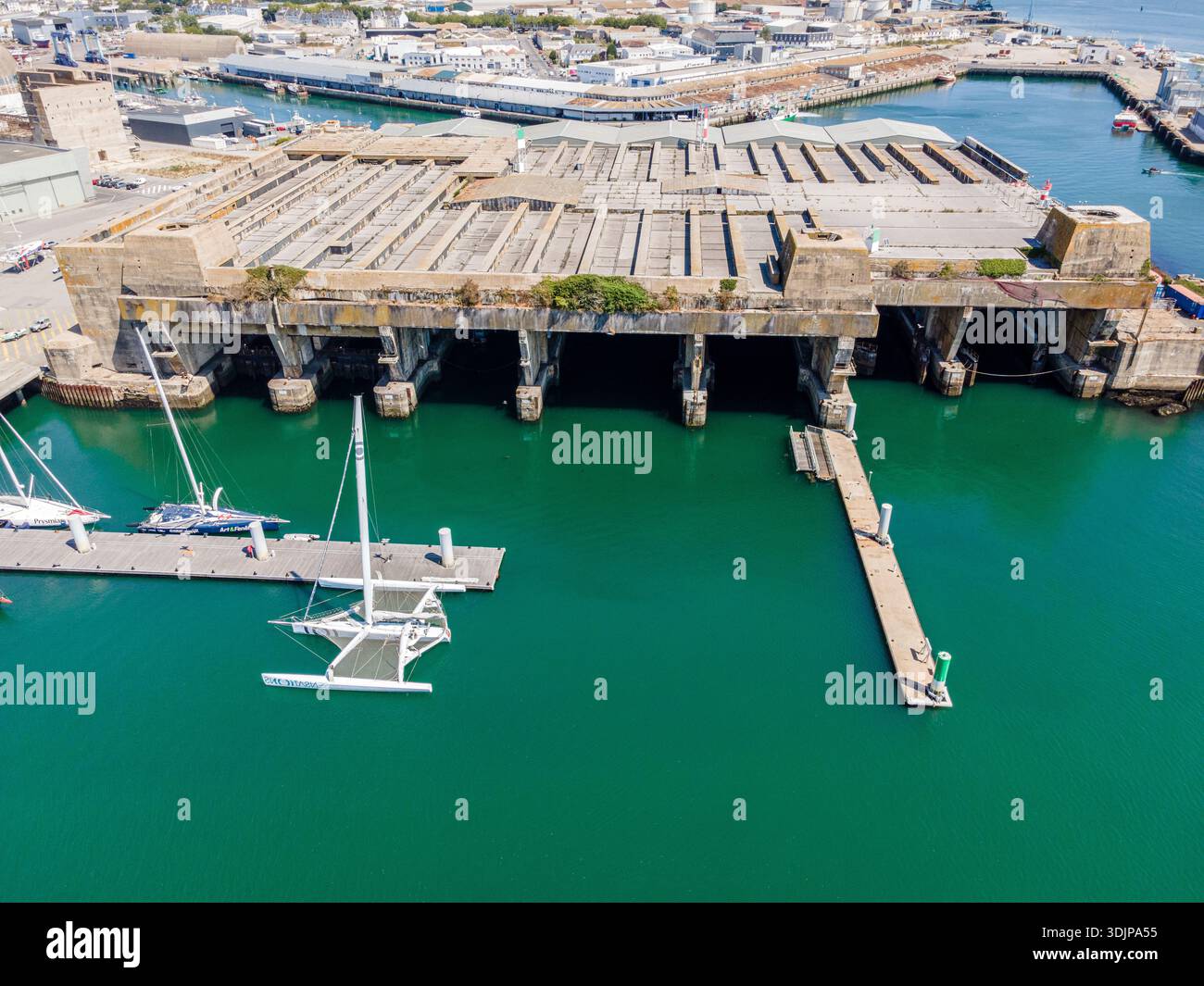 Aerial view of the massive submarine docks at Lorient, revealing ...