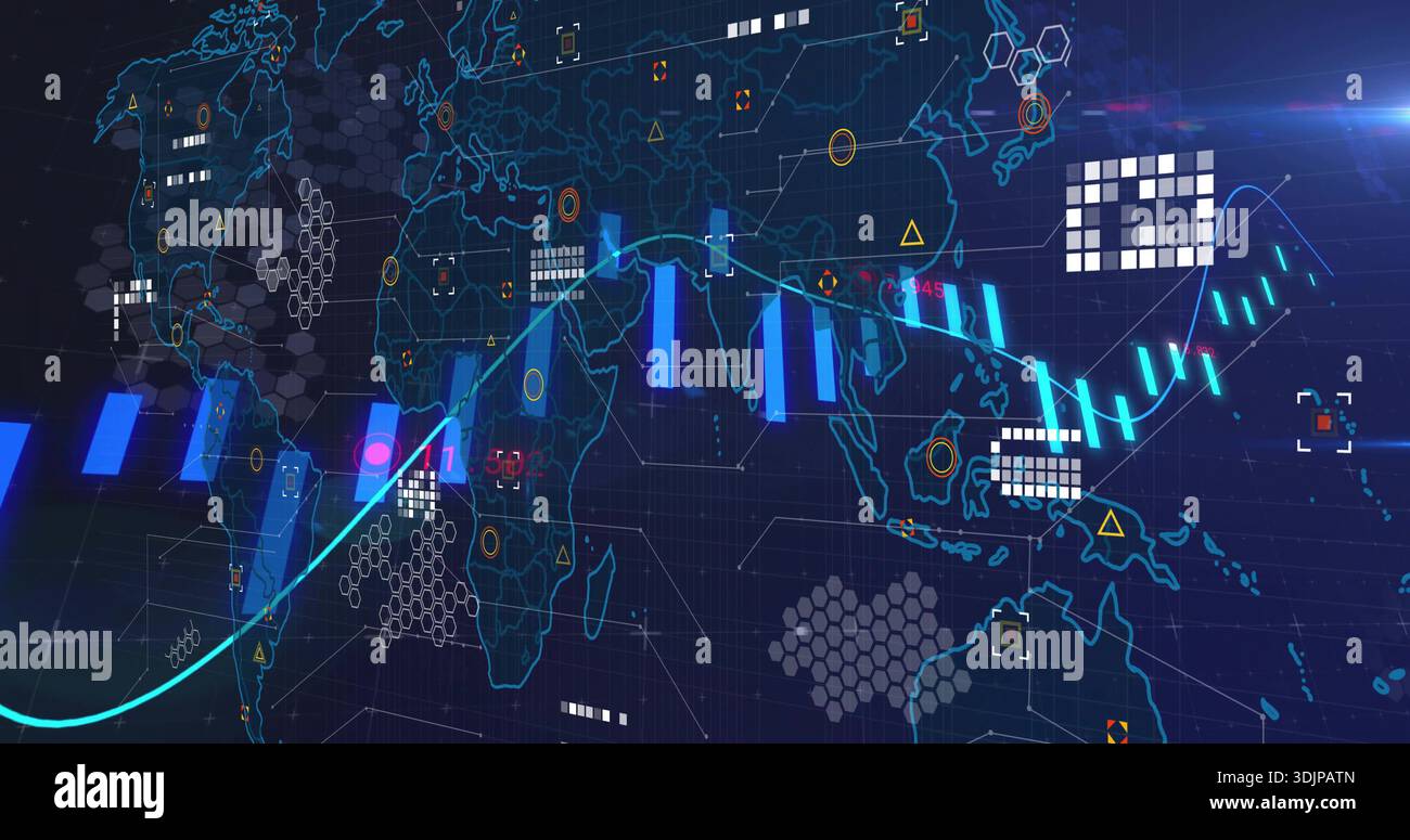 Projecting holographic world map over navy grid, showing cyan line ...