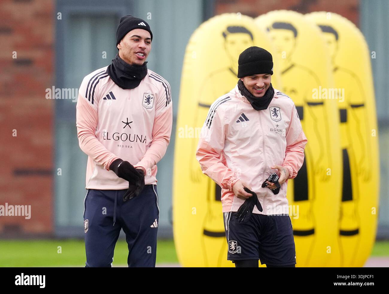 Aston Villa's Morgan Rogers (left) and Jadon Sancho during a training ...