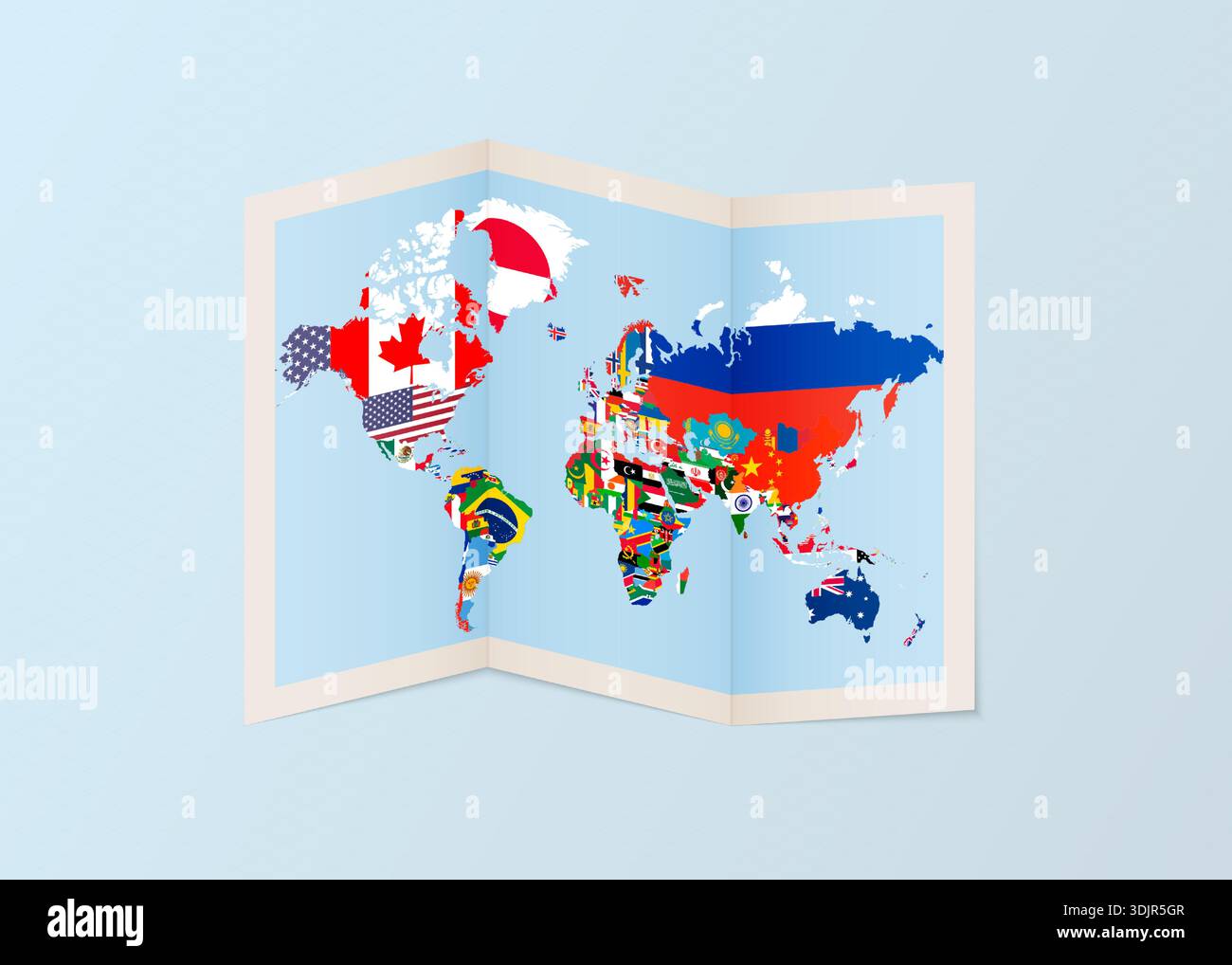 Global Map with Country Flags. A world map is unfolded to show the ...