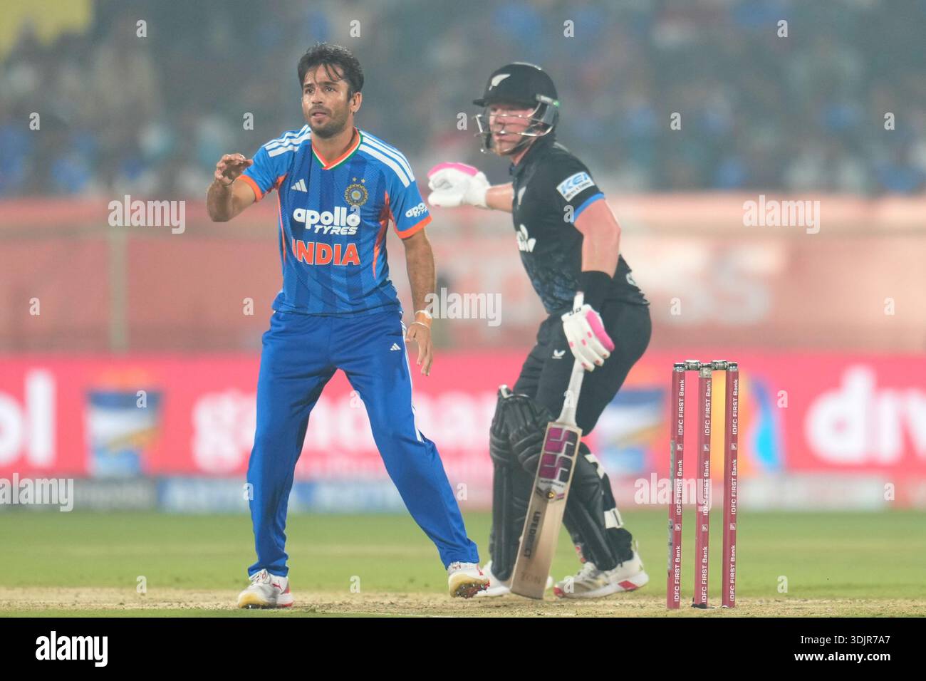 India's Ravi Bishnoi reacts after a boundary in his over during the ...