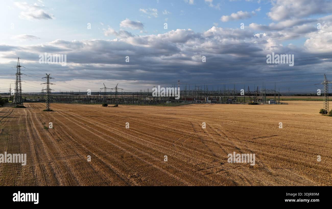 Aerial view showing energy infrastructure intersecting farmland and ...