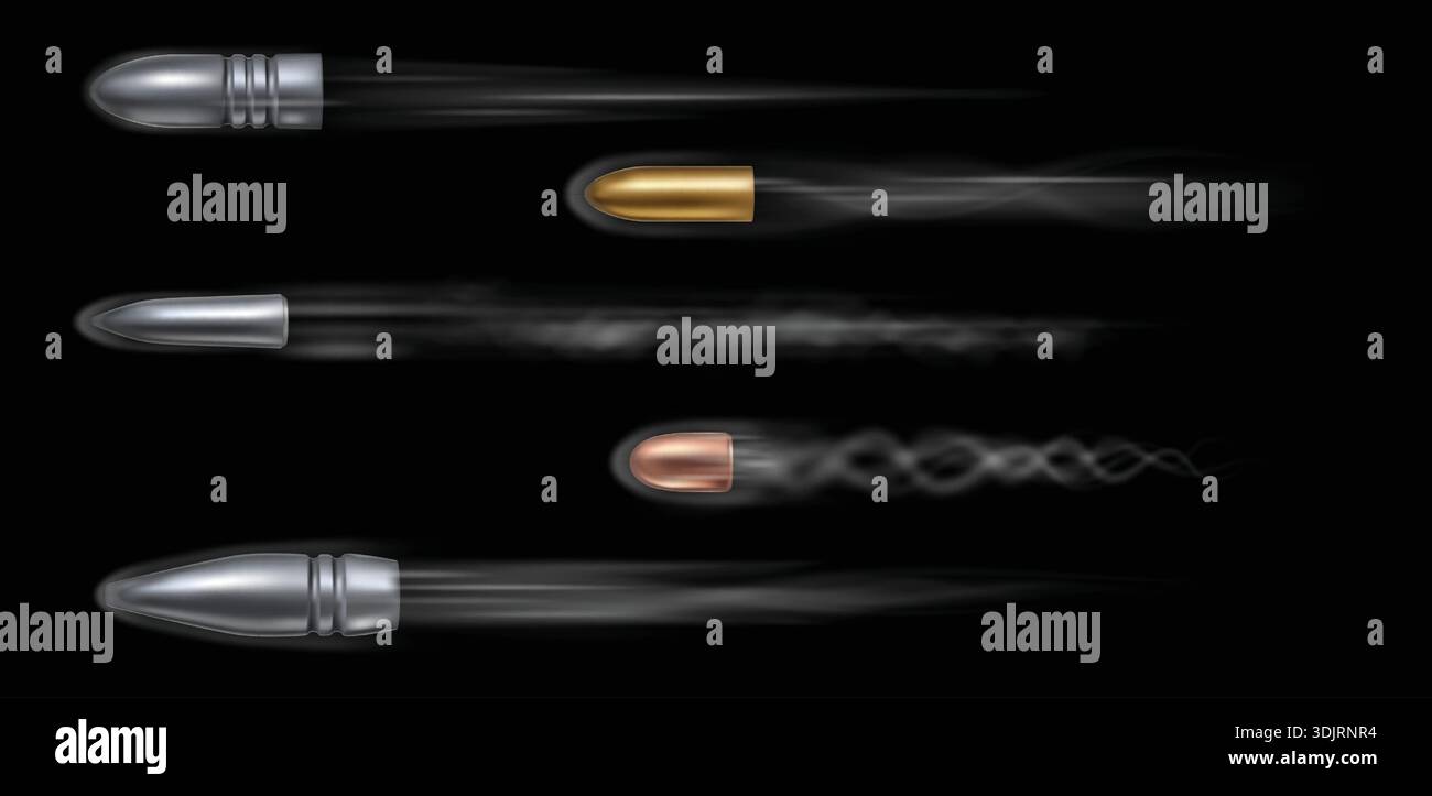 Realistic 3d bullet flying with gun shot and pistol fire effect. Ammo ...