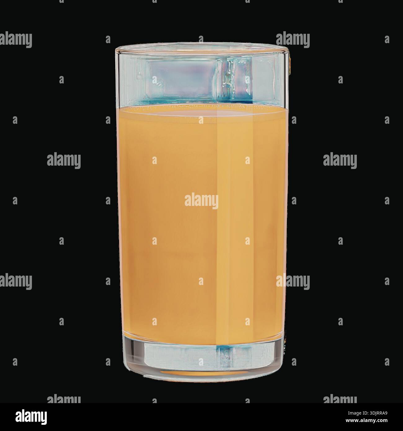 A tall glass filled with vibrant orange juice, featuring a few ice ...