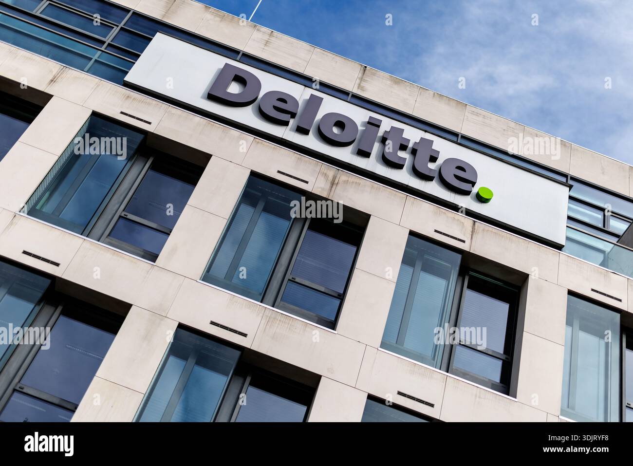 28 January 2026, Bavaria, Munich: The Deloitte logo and lettering can ...