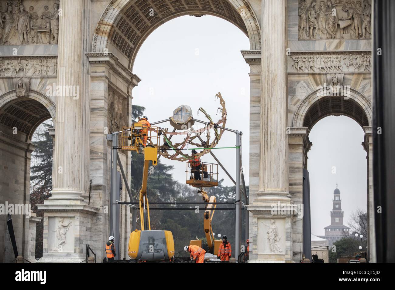 Milan, Arco della Pace, assembly of the Olympic cauldron structure for ...