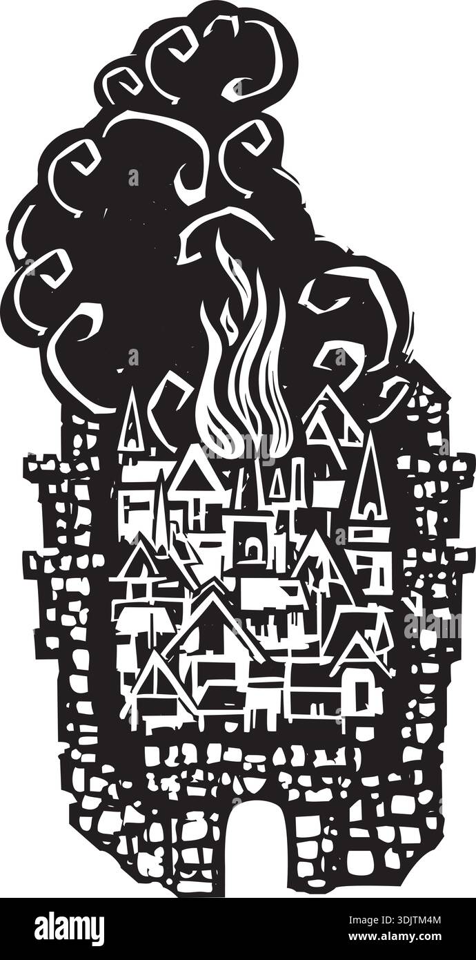 Woodcut style walled Medieval city on fire Stock Vector Image & Art - Alamy