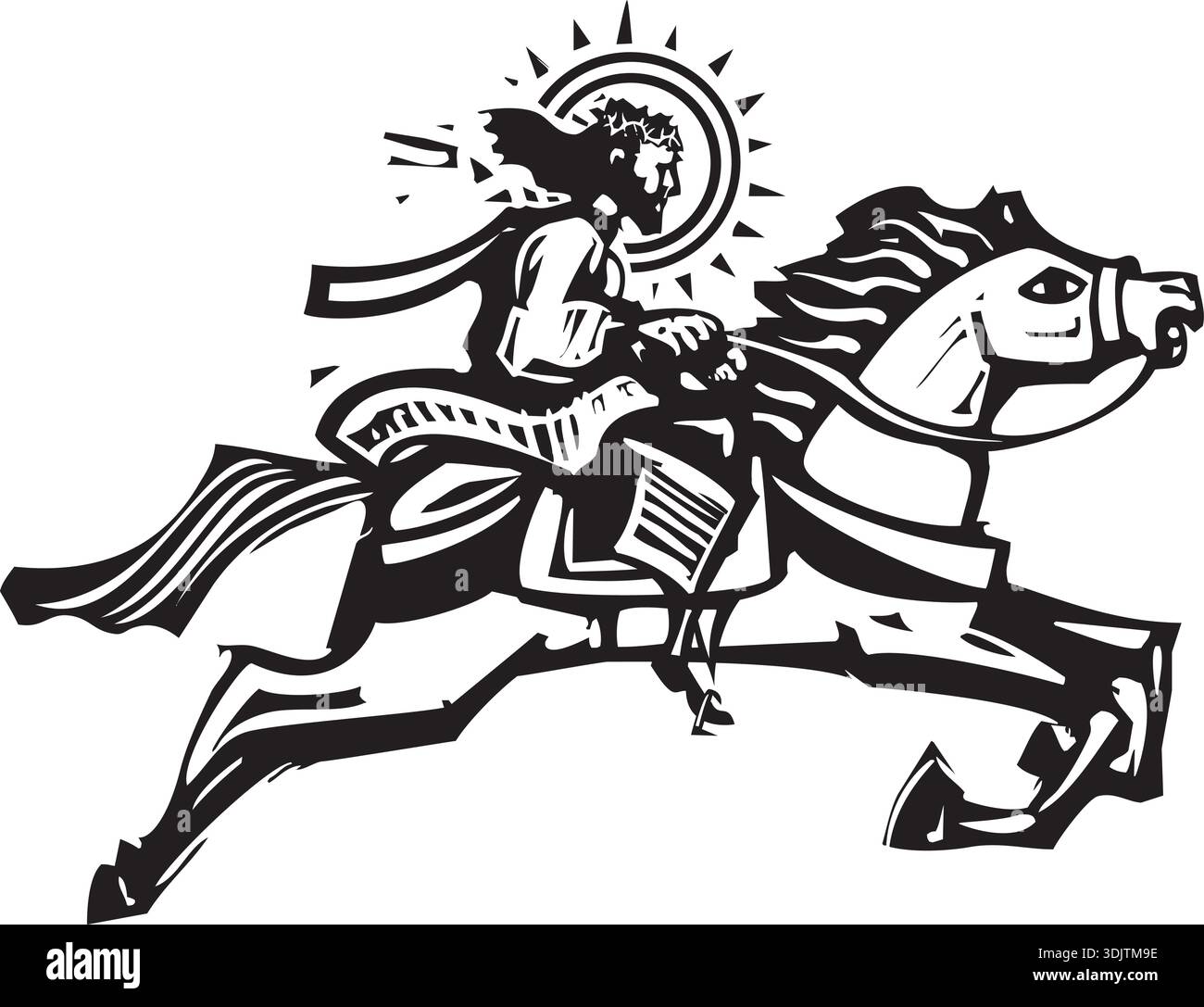 Woodcut Style image of Jesus Christ riding a leaping white horse Stock ...