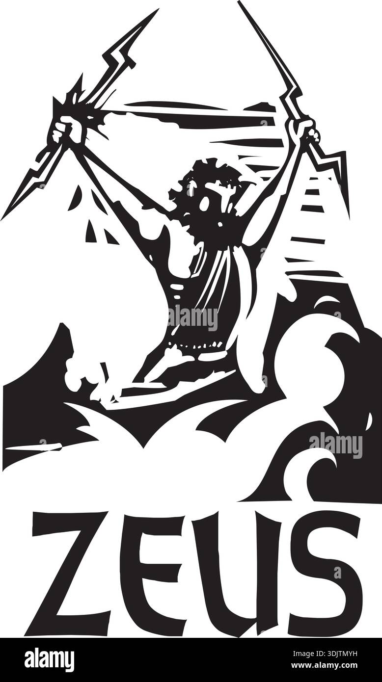 Woodcut style image of the Greek Olympian God Zeus with his name Stock ...