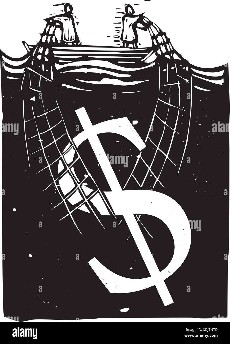Woodcut style expressionist image of two people in a boat hauling a ...