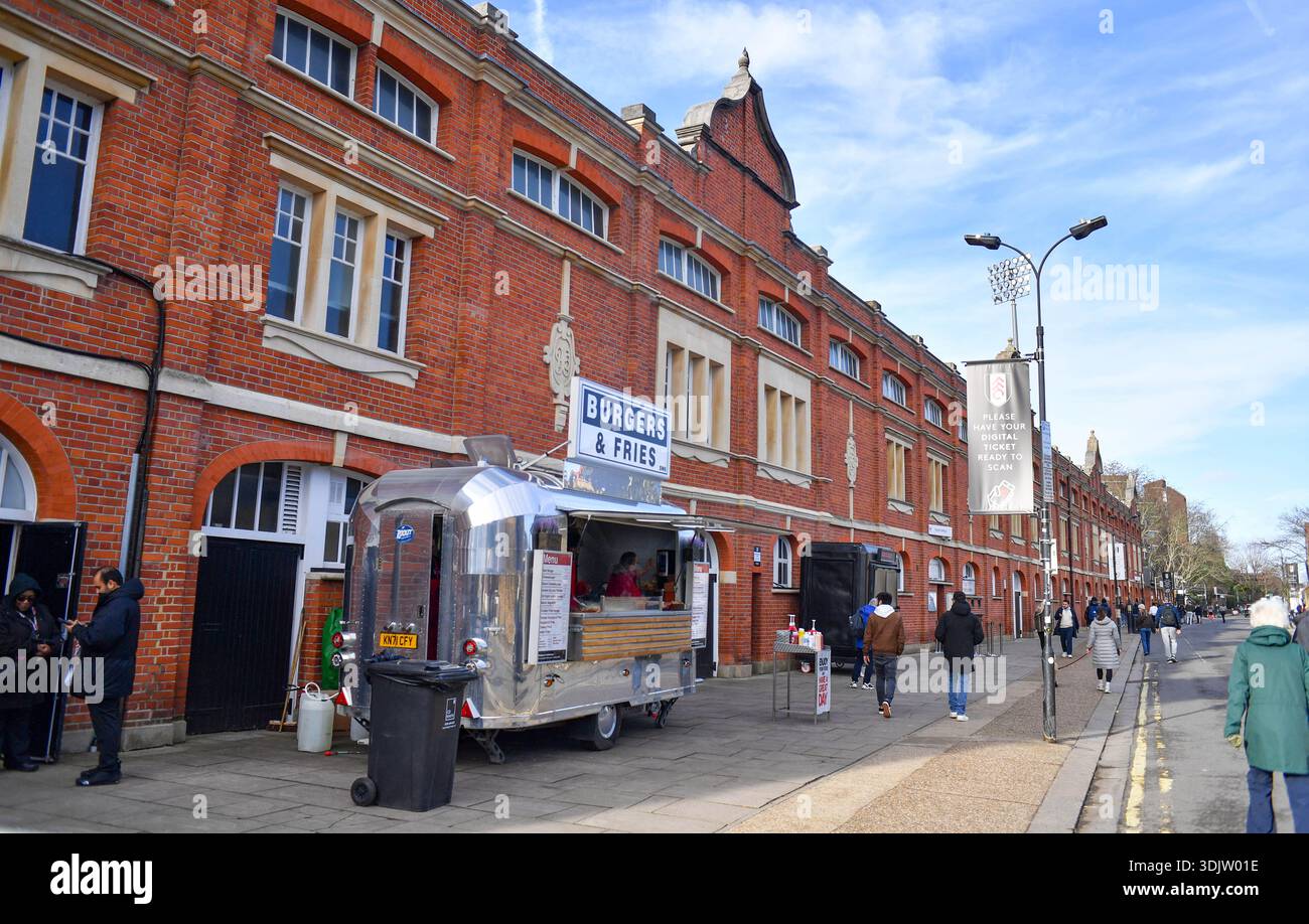 Burger fast food van outside Craven Cottage Stadium , Fulham , London ...