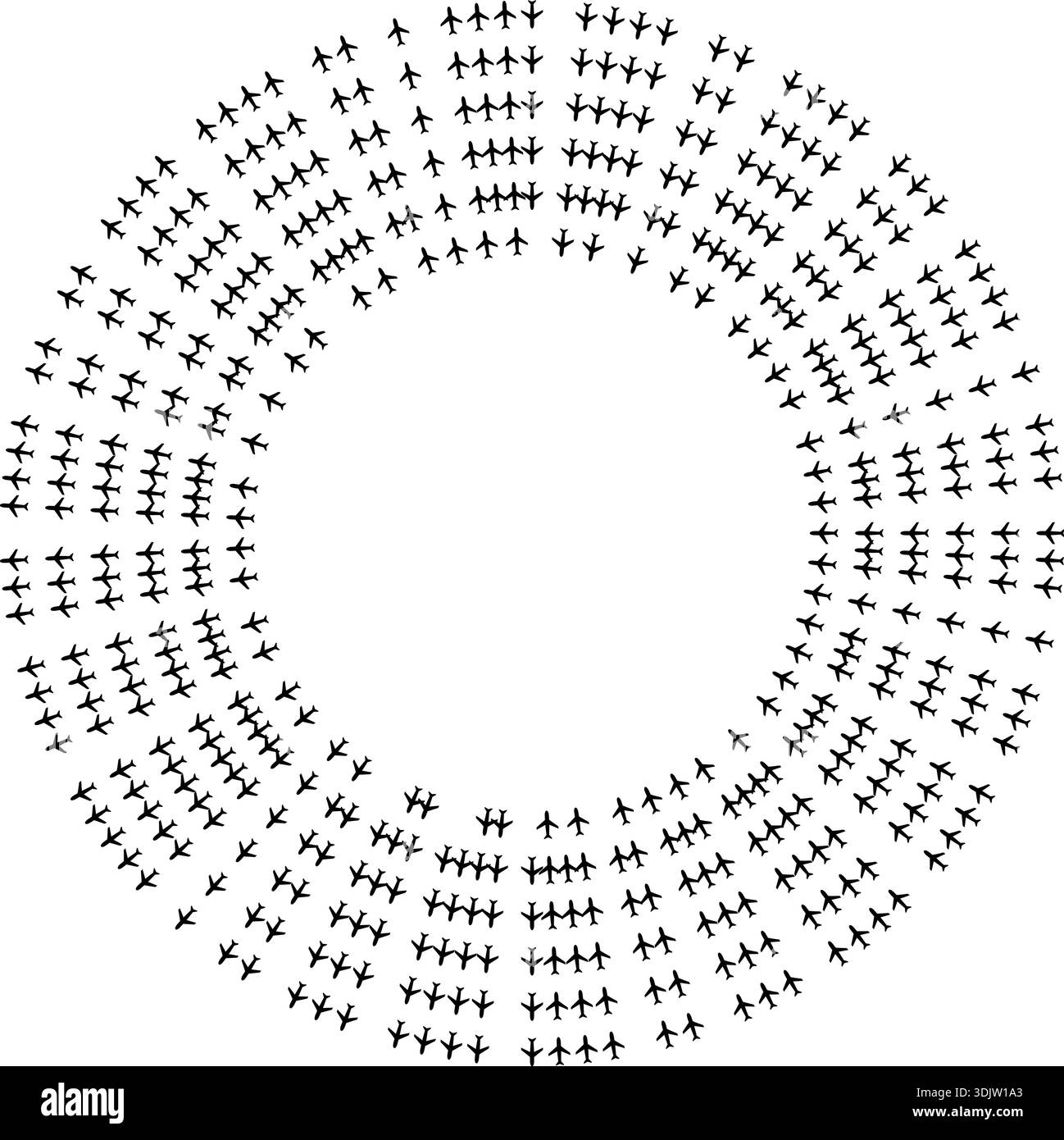 Top view airplane icons forming very long radial paths radiating from a ...