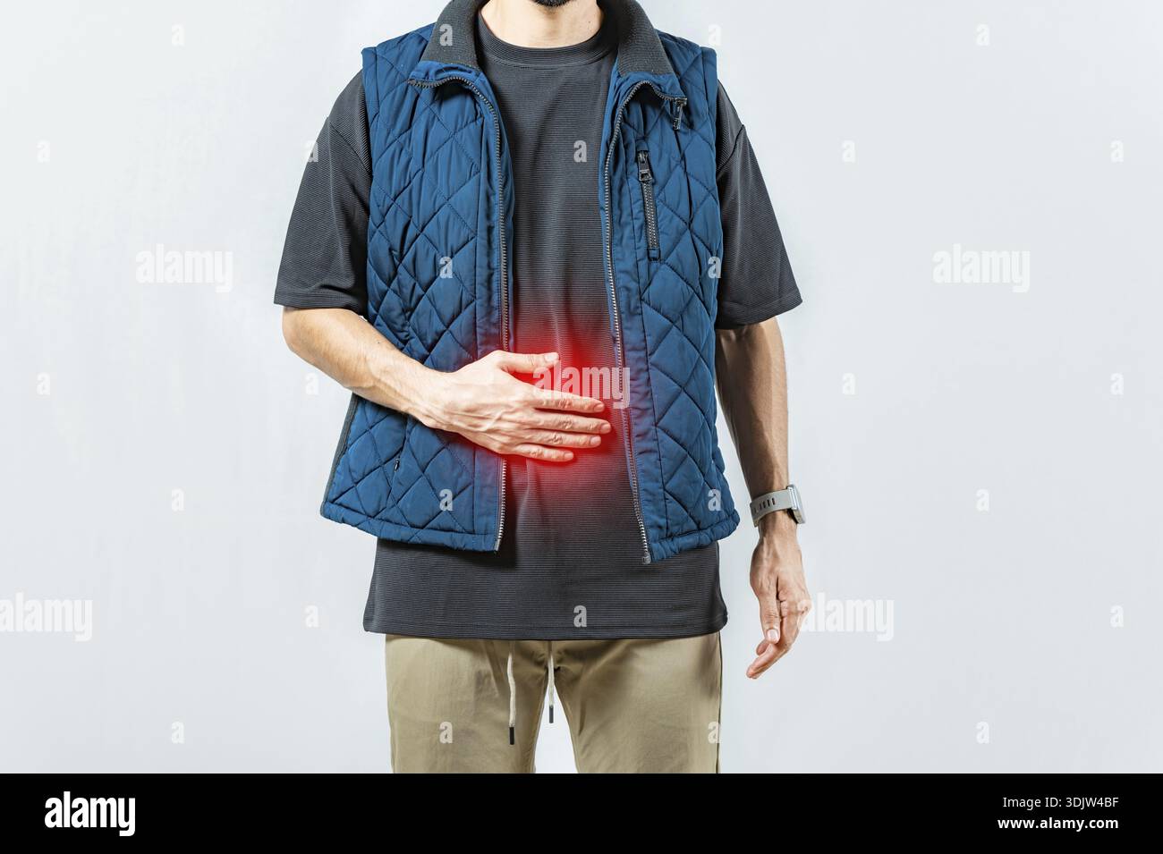 Person with digestive and stomach problems isolated. Unhappy man with ...