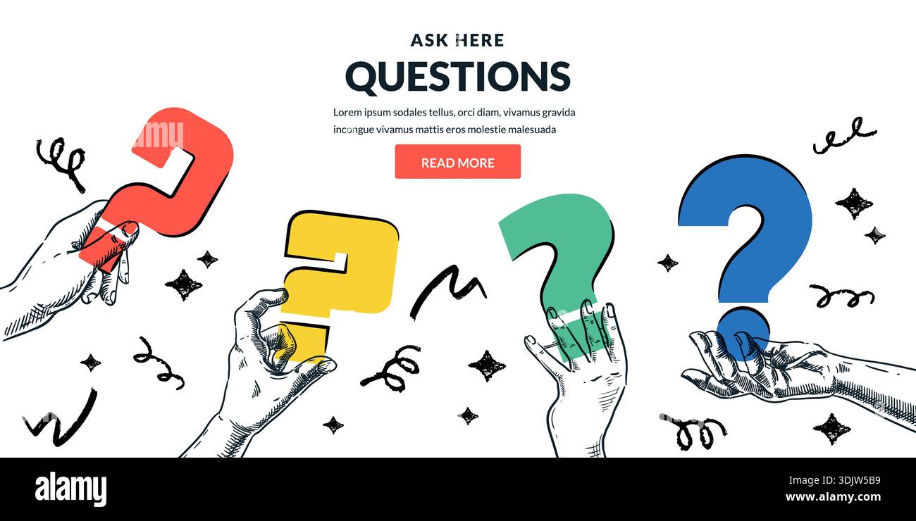 Human hands holding colorful question marks. Vector hand drawn sketch ...