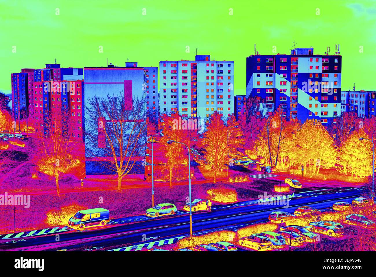 Flat house in cold surrounding scan. Thermal color spectre scale. Infra ...