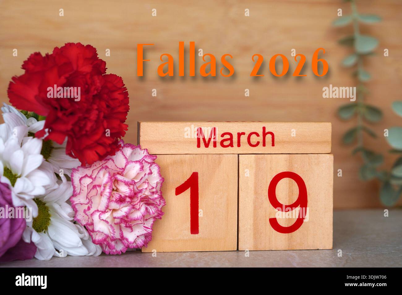 March 19th. Fallas 2026. Wooden calendar with flowers Stock Photo - Alamy