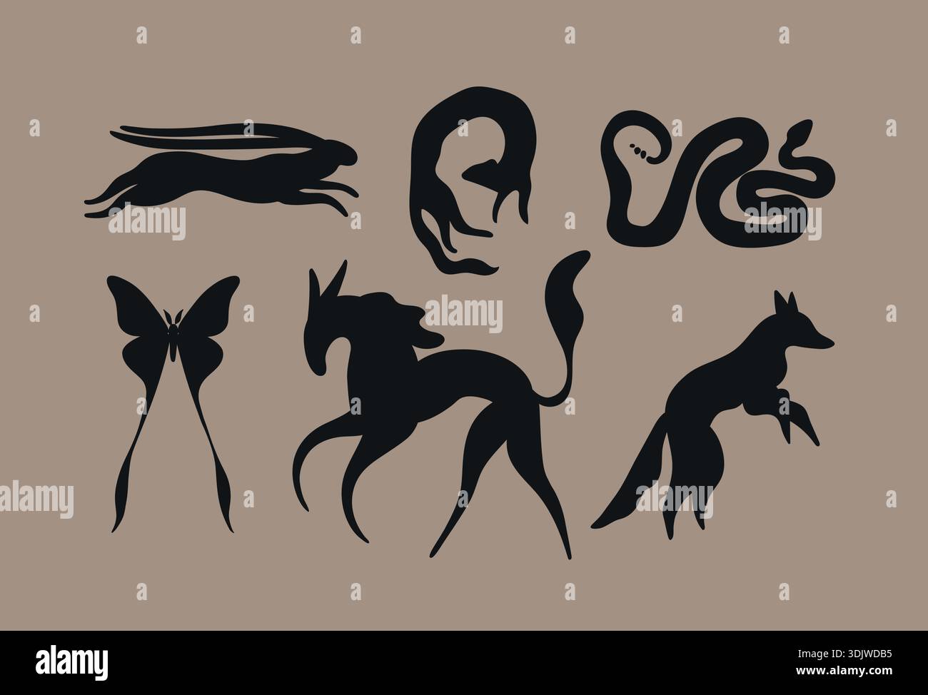 Animals set rabbit ferret snake butterfly horse dog fox in minimalist ...