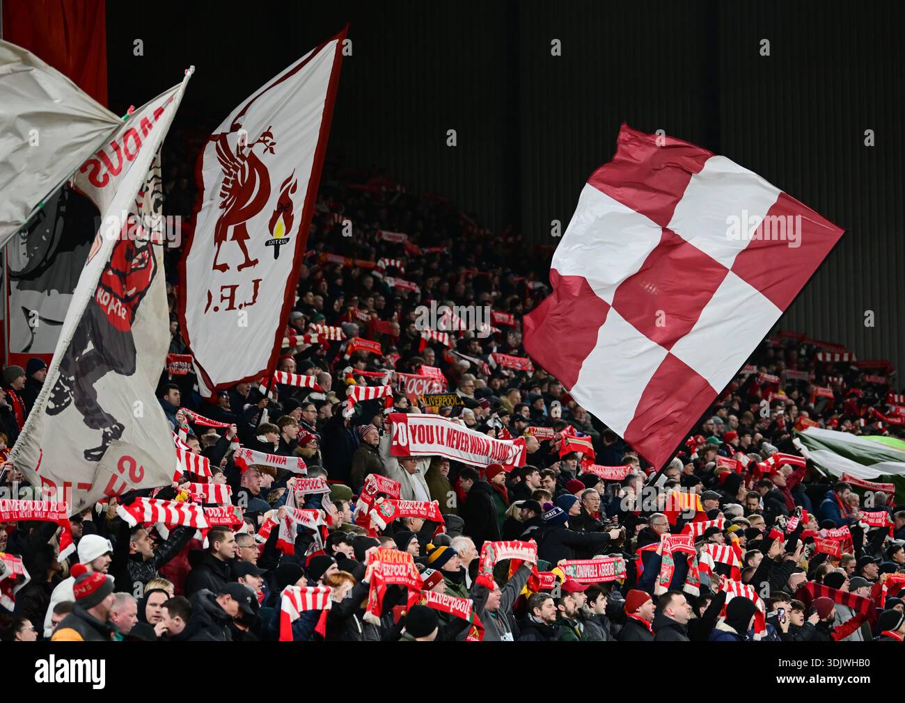 Liverpool, England, 28th January 2026. Liverpool fans flying flags ...