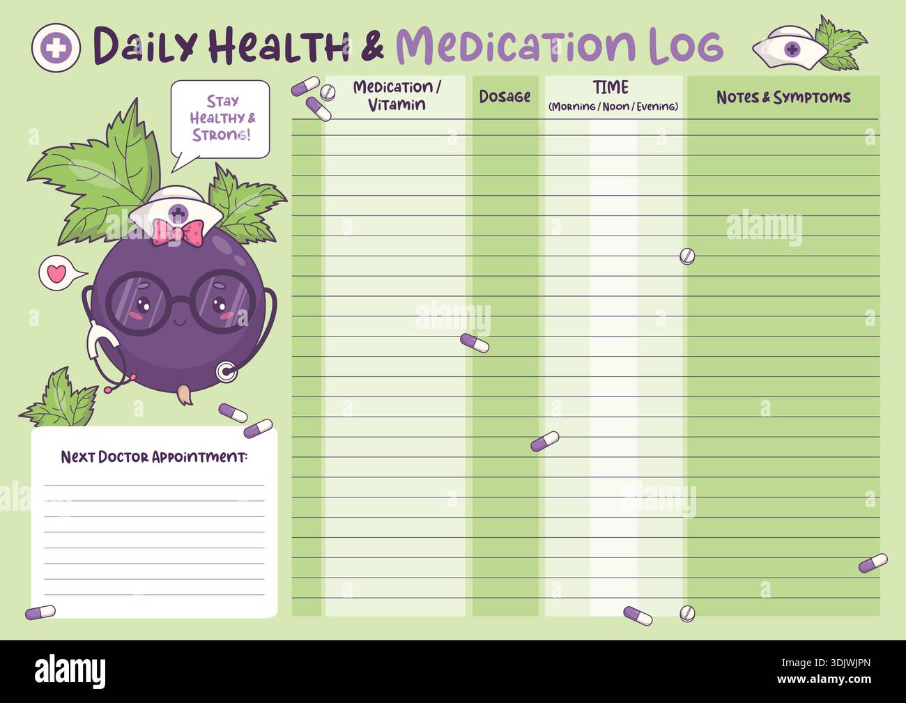 Medication Schedule and Symptom Tracker. Daily Health with Cute Kawaii ...