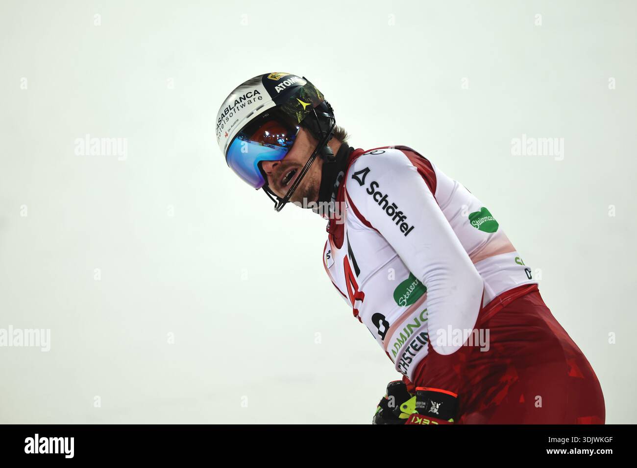 Austria's Manuel Feller checks his time at the finish area of an alpine ...