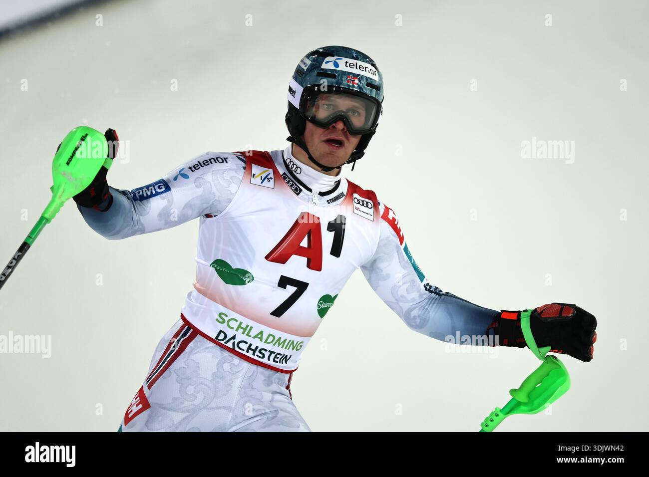 Norway's Timon Haugan checks his time at the finish area of an alpine ...