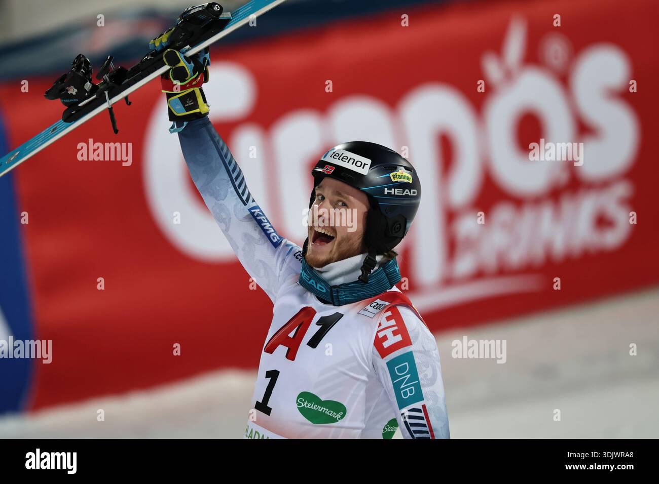 Norway's Atle Lie McGrath celebrates taking second place in an alpine ...