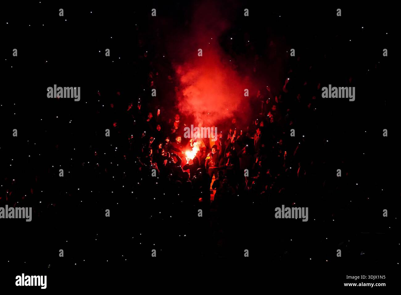Manchester, UK. 28th Jan, 2026. Galatasaray fans use pyrotechnics and ...