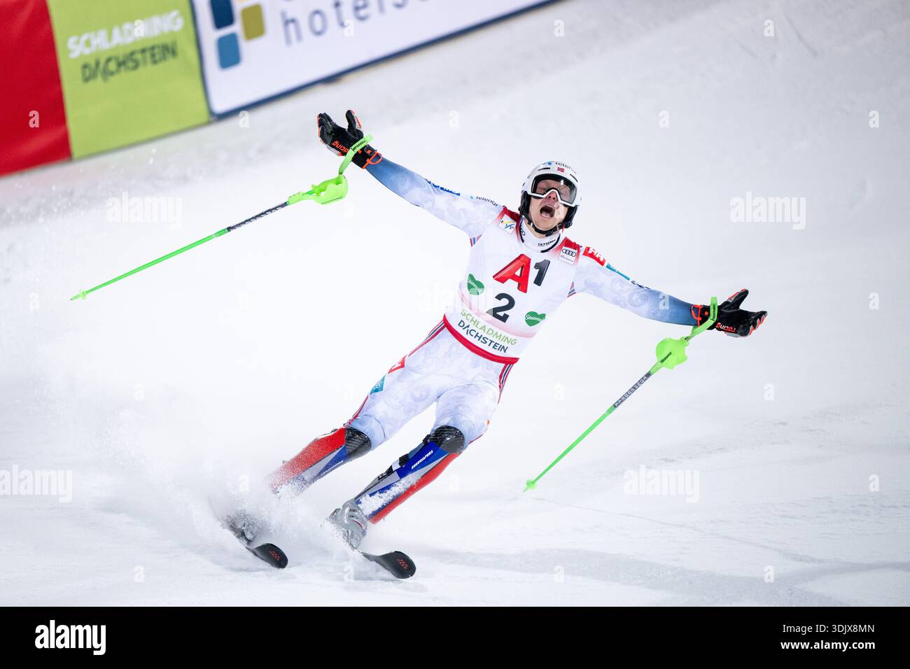 KRISTOFFERSEN Henrik (Norway) celebrates at the finish line after a ...