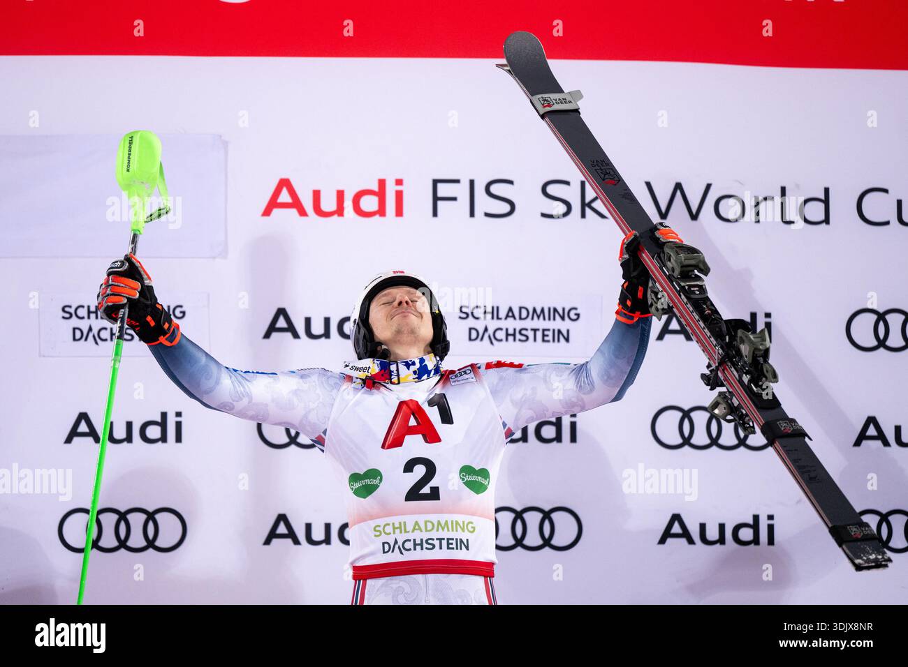 KRISTOFFERSEN Henrik (Norway) celebrates on the podium during the award ...