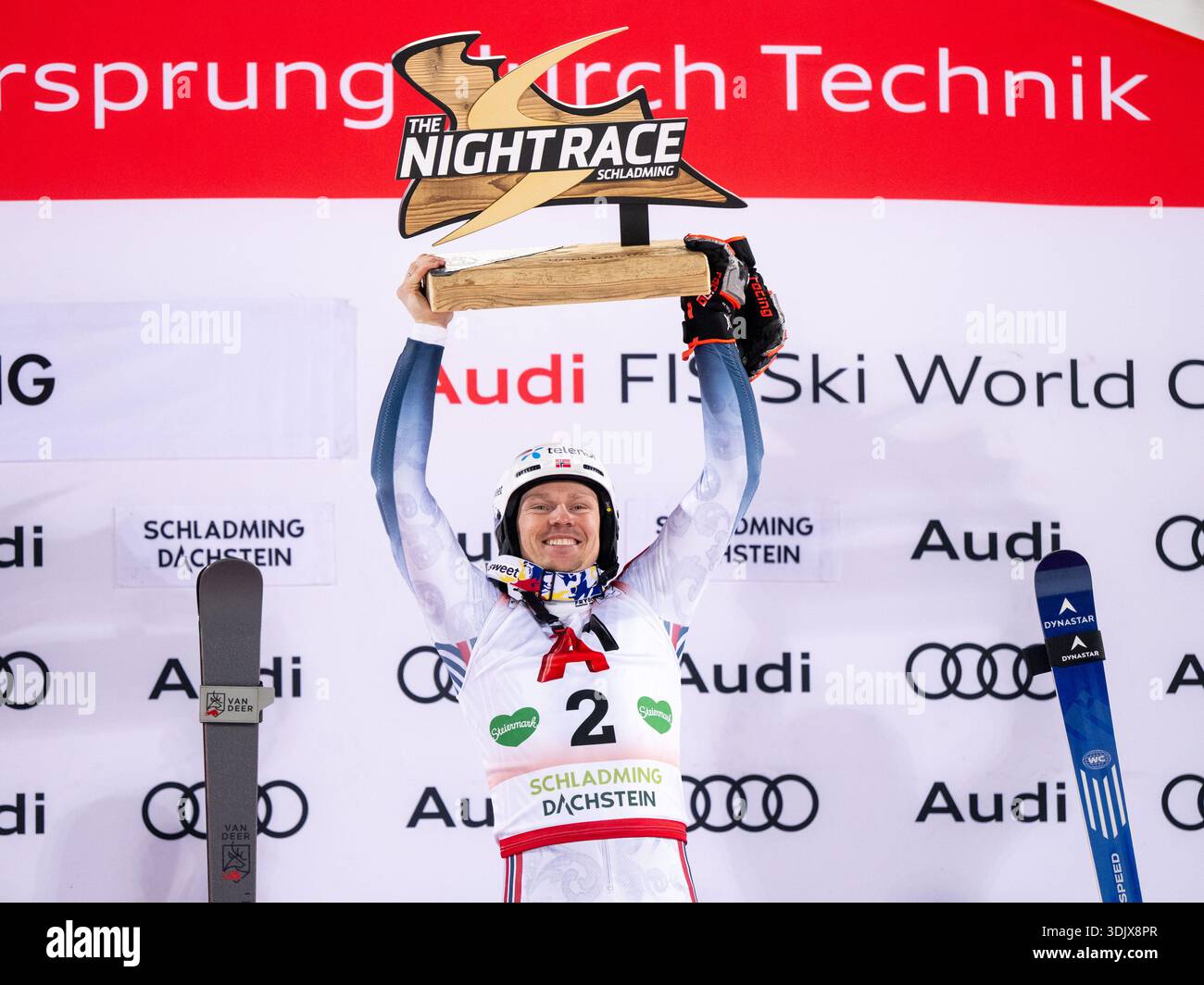 KRISTOFFERSEN Henrik (Norway) celebrates on the podium during the award ...