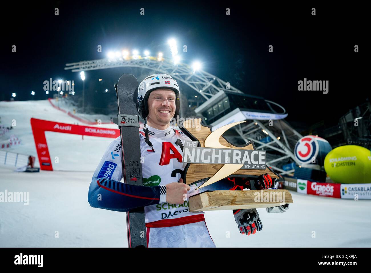 KRISTOFFERSEN Henrik (Norway) celebrates with a trophy over his 5th ...