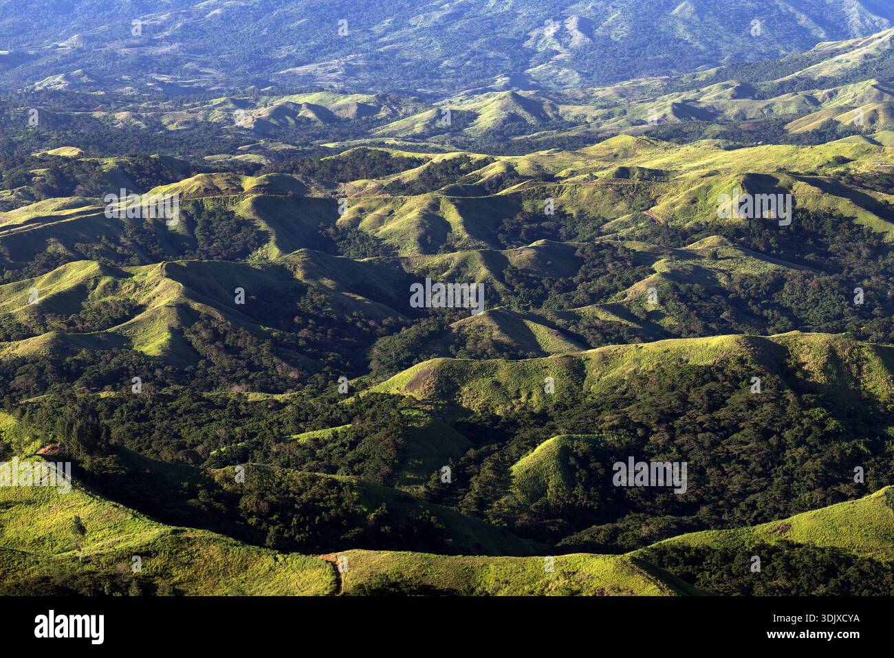 Rolling green hills and forested valleys in the interior of Viti Levu ...