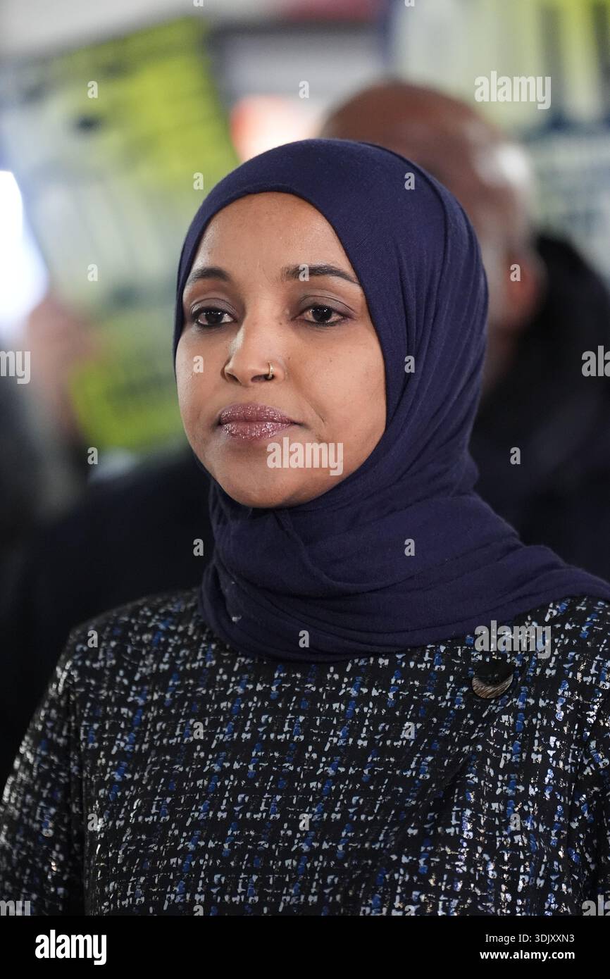 Rep. Ilhan Omar, D-Minn., stands during a press conference on Wednesday ...