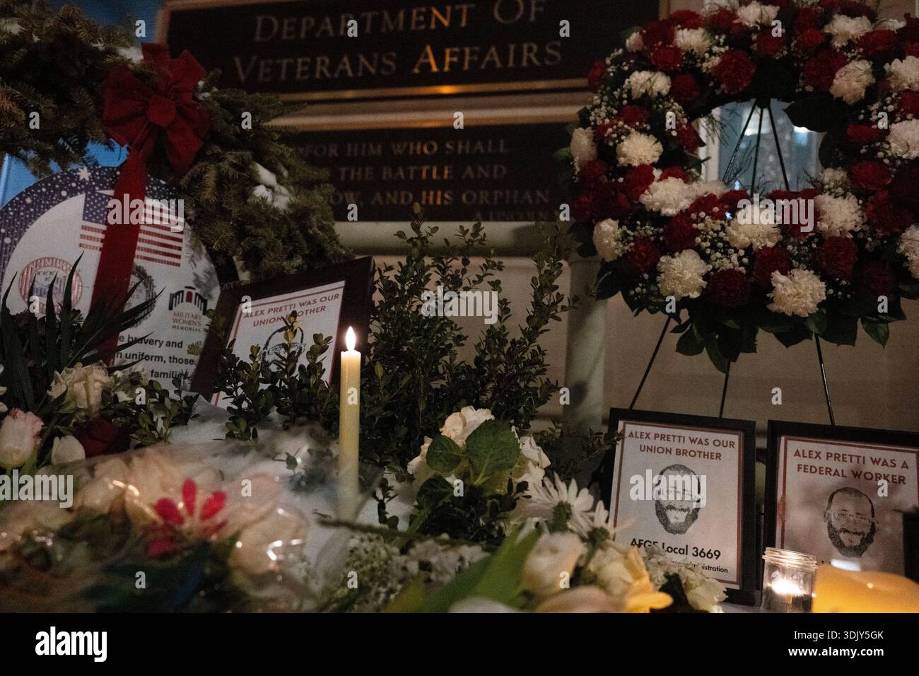 A memorial for Alex Pretti is placed outside Veterans Affairs ...