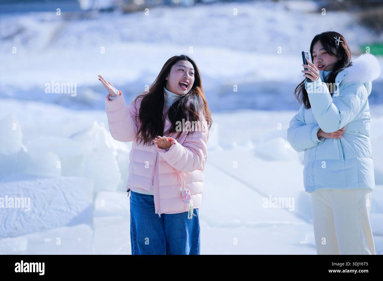 Gonghe,China.28th January 2026. A tourist poses for a photo with "blue ...