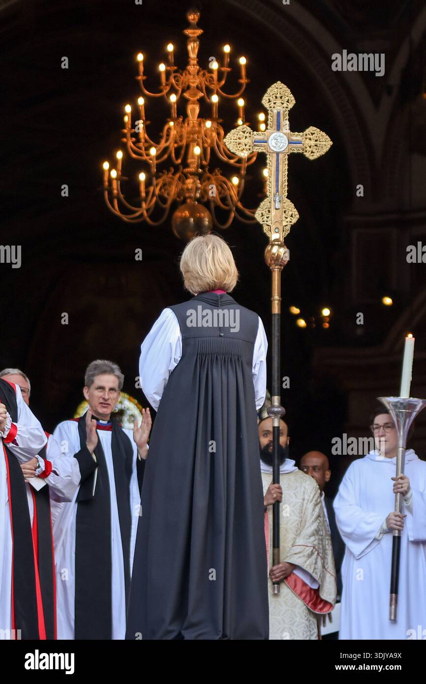 Dame Sarah Mullally speaks with other Bishops as she leaves St Paul s ...